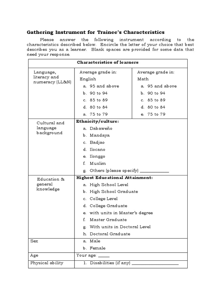 Trainee Characteristics Survey | PDF | Learning Styles | Learning