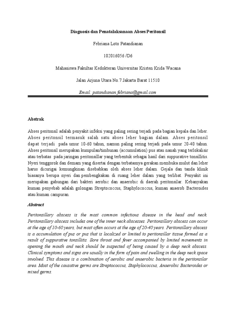 Abses Peritonsil: Diagnosis & Penanganan | PDF