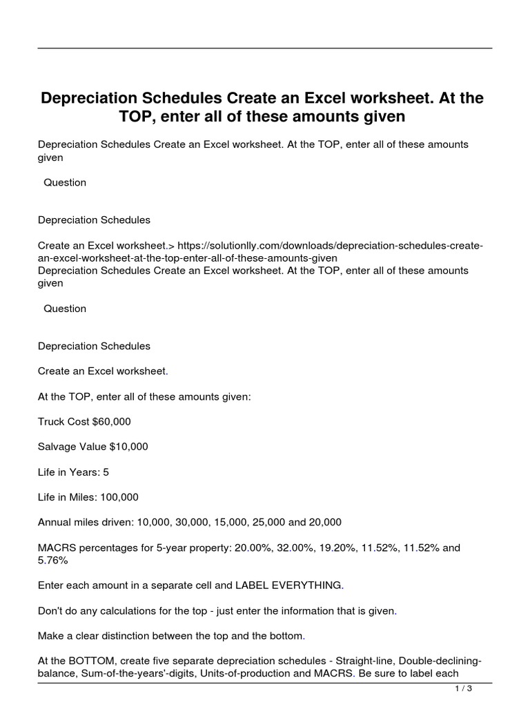 Depreciation Schedules Create An Excel Worksheet at The Top Enter All ...
