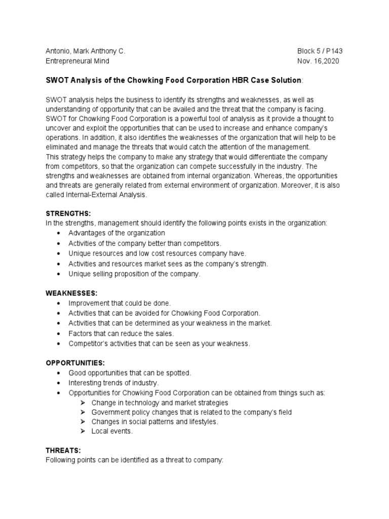 SWOT Analysis of The Chowking Food Corporation HBR Case Solution | PDF ...