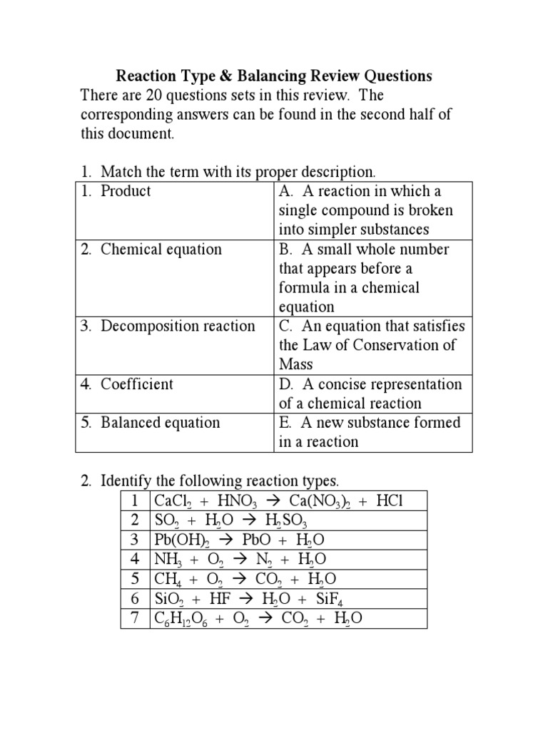 Reaction Type & Balancing Review Questions Answers | PDF | Oxide ...