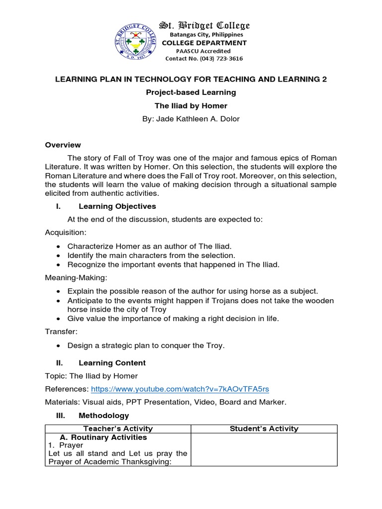 Teaching The Iliad: Learning Plan | PDF | Paris (Mythology) | Trojan War