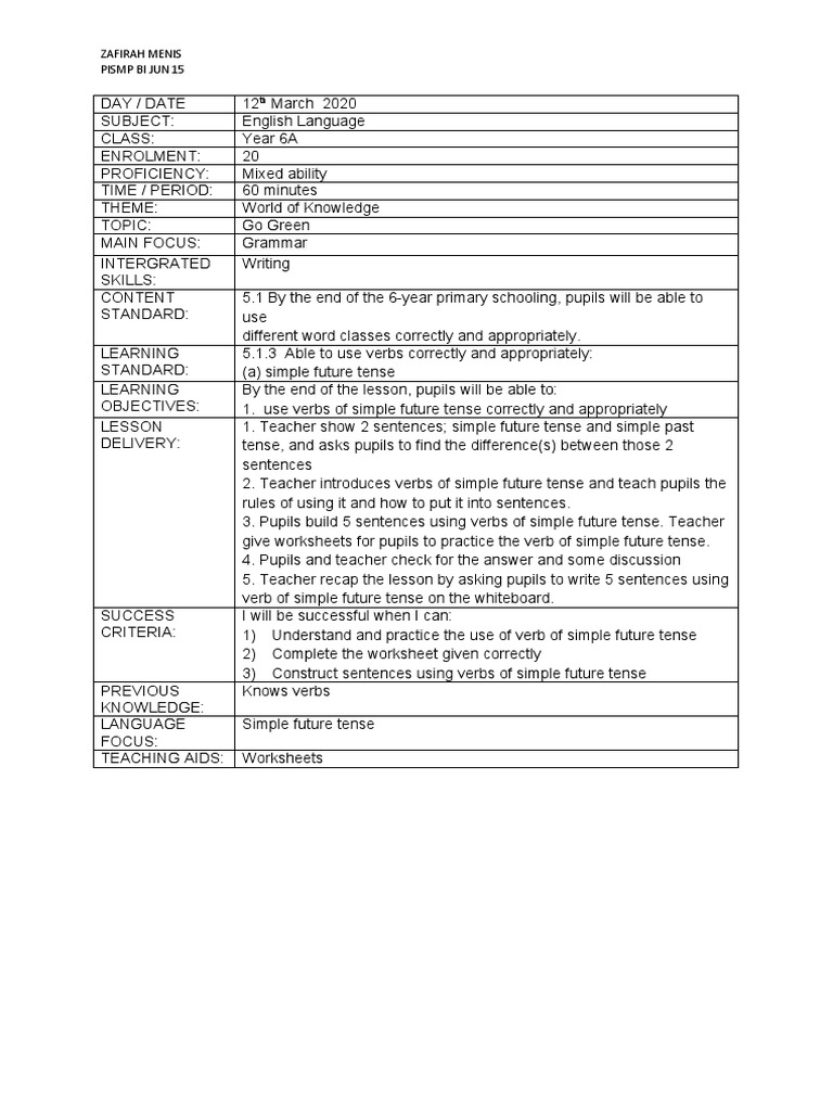 Lesson Plan Year 6 (Grammar) | PDF | Grammatical Tense | Verb