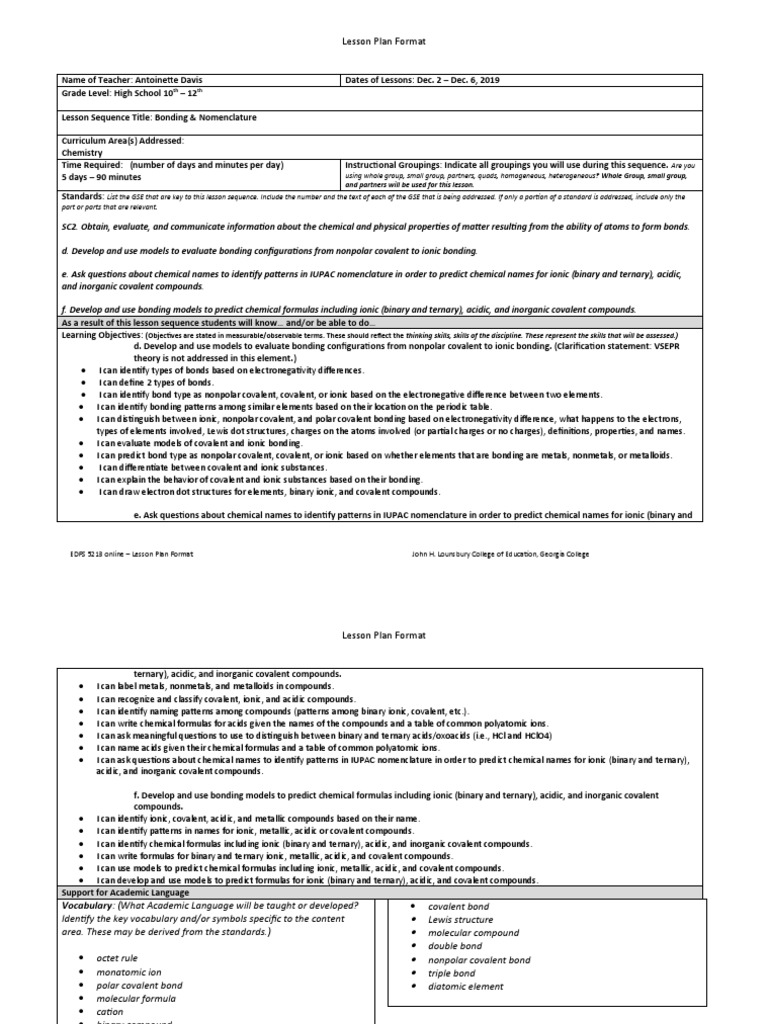 High School Chemistry Lesson Plan: Bonding | PDF | Chemical Compounds ...