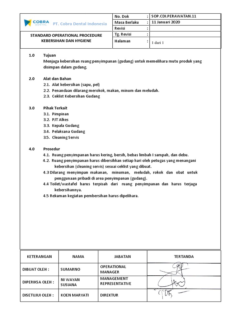 SOP KEBERSIHAN CDAKB TTD PDF | PDF