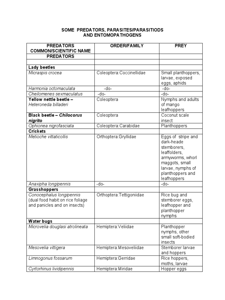 Some Predators, Parasites/Parasitiods and Entomopathogens Predators ...