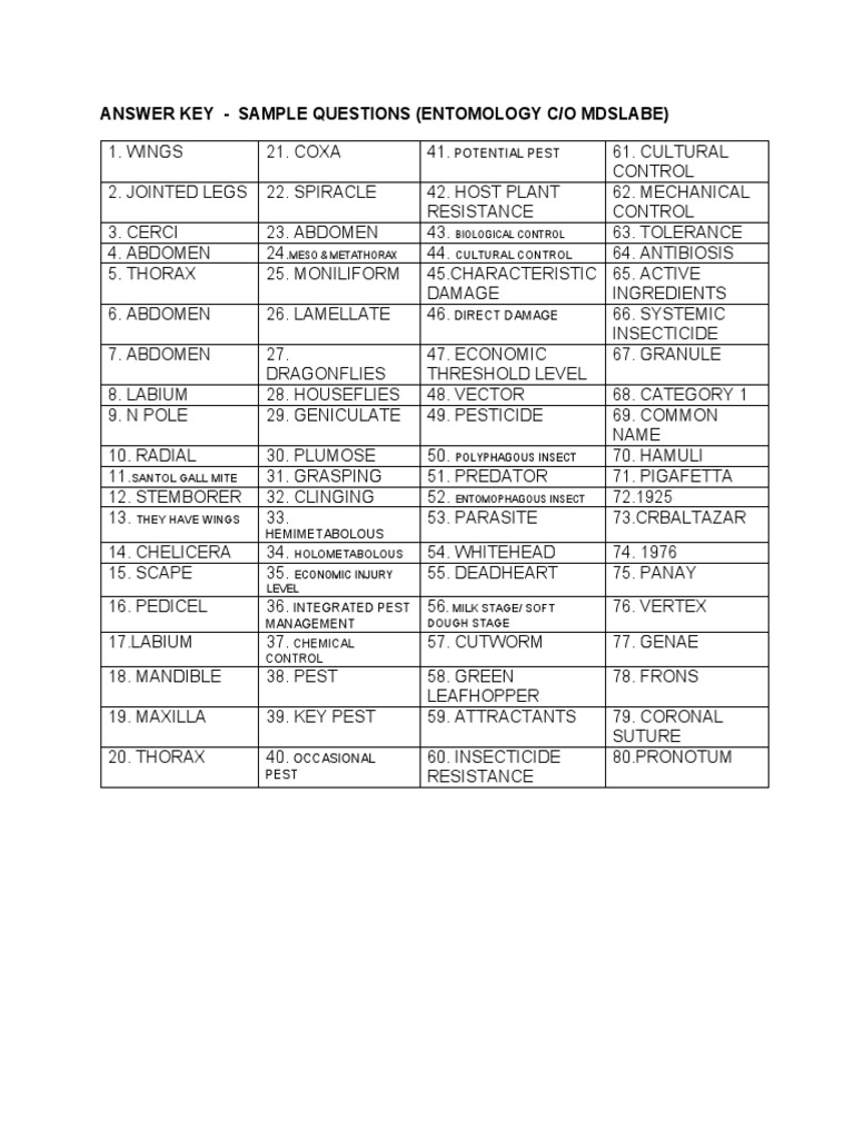 Answer Key - Sample Questions (Entomology C/O Mdslabe) : Potential Pest ...