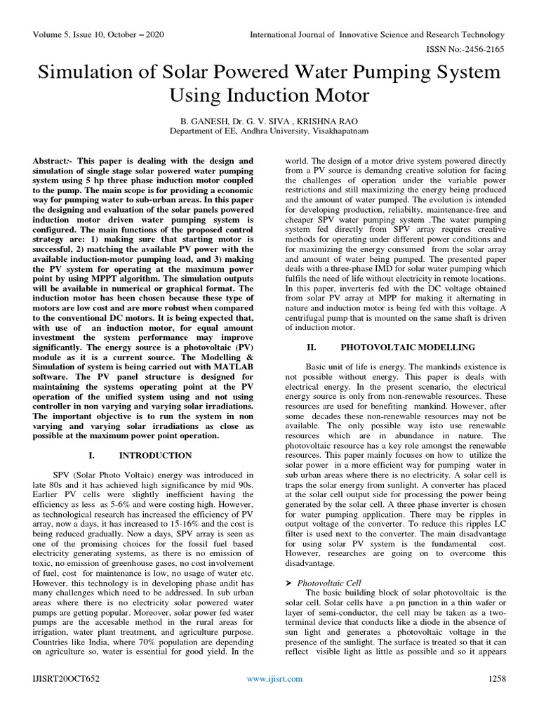 Simulation of Solar Powered Water Pumping System Using Induction Motor ...