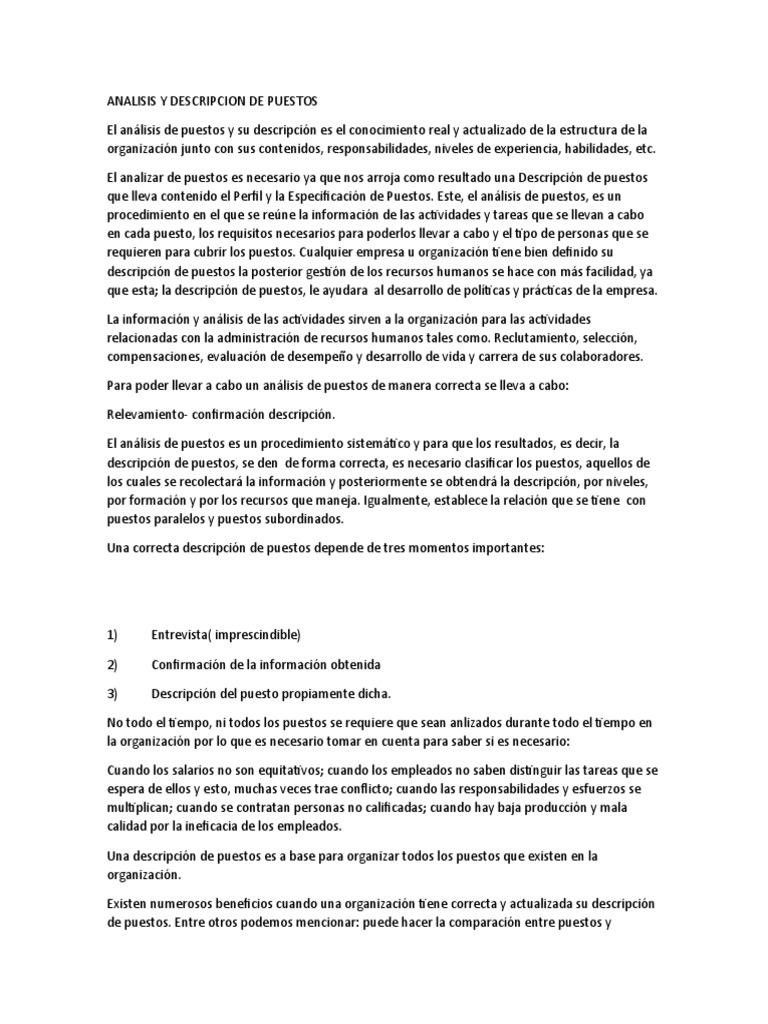 Analisis y Descripcion de Puestos | PDF | Gestión de recursos humanos | Business