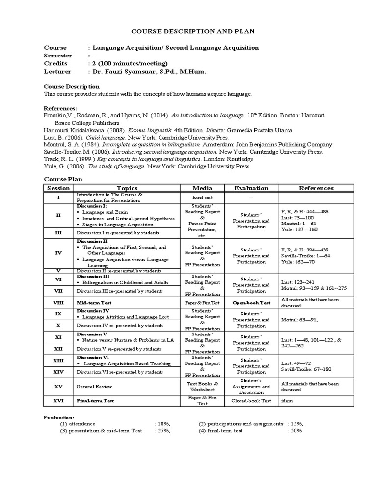 Language Acquisition Course Overview | PDF | Human Communication | Learning