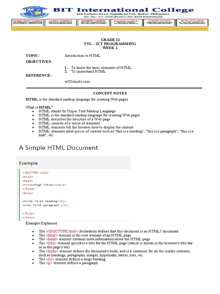 Ict Programming Week 1 | PDF | Html | Html Element