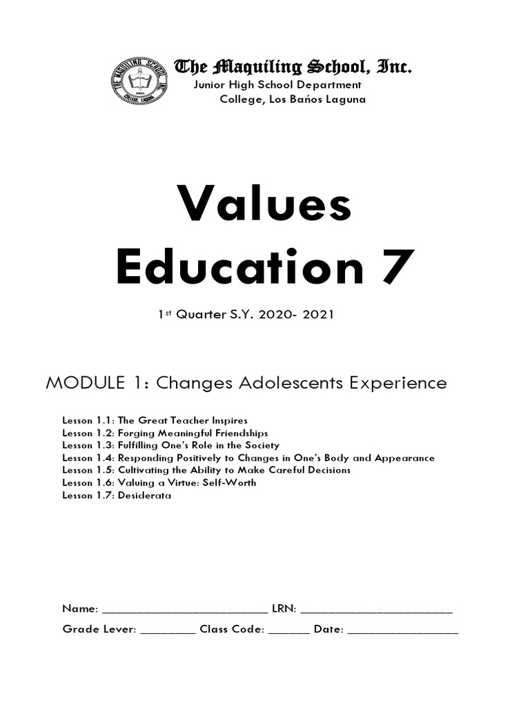 Values Education 7: The Maquiling School, Inc | PDF | Adolescence ...
