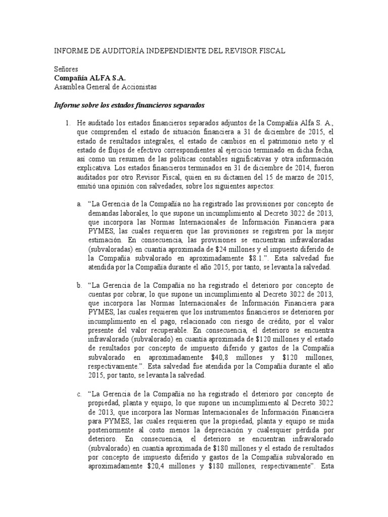 Informe De AuditorÍa Independiente Del Revisor Fiscal Con