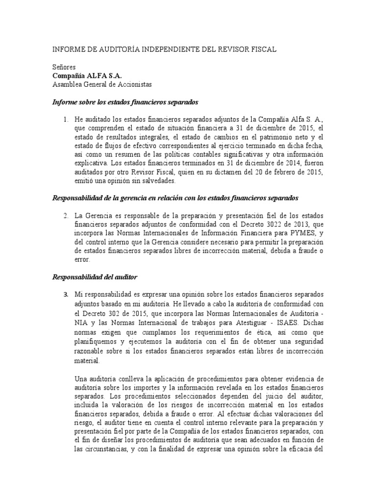 INFORME DE AUDITORÍA INDEPENDIENTE DEL REVISOR FISCAL - Con Salvedades | PDF | Auditoría ...