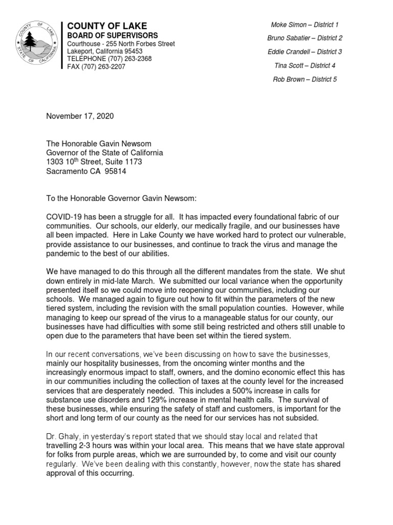 Lake County Board of Supervisors Letter To Gov. Newsom | PDF | Business