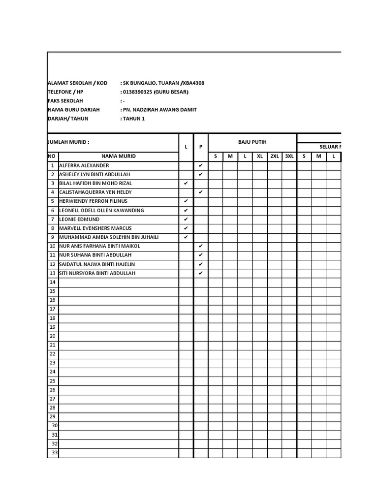 Panduan Saiz Pakaian Sekolah 2020 | PDF
