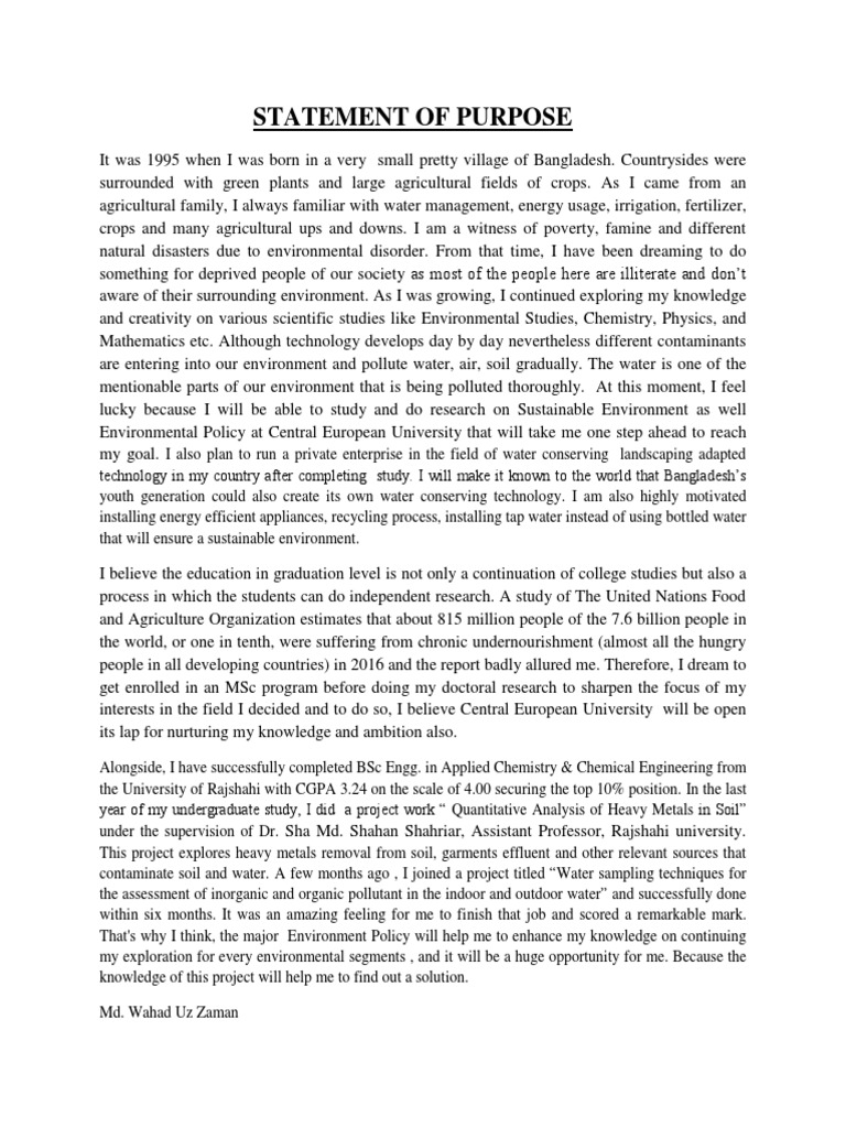 Statement of Purpose | PDF | Agriculture | Sustainability