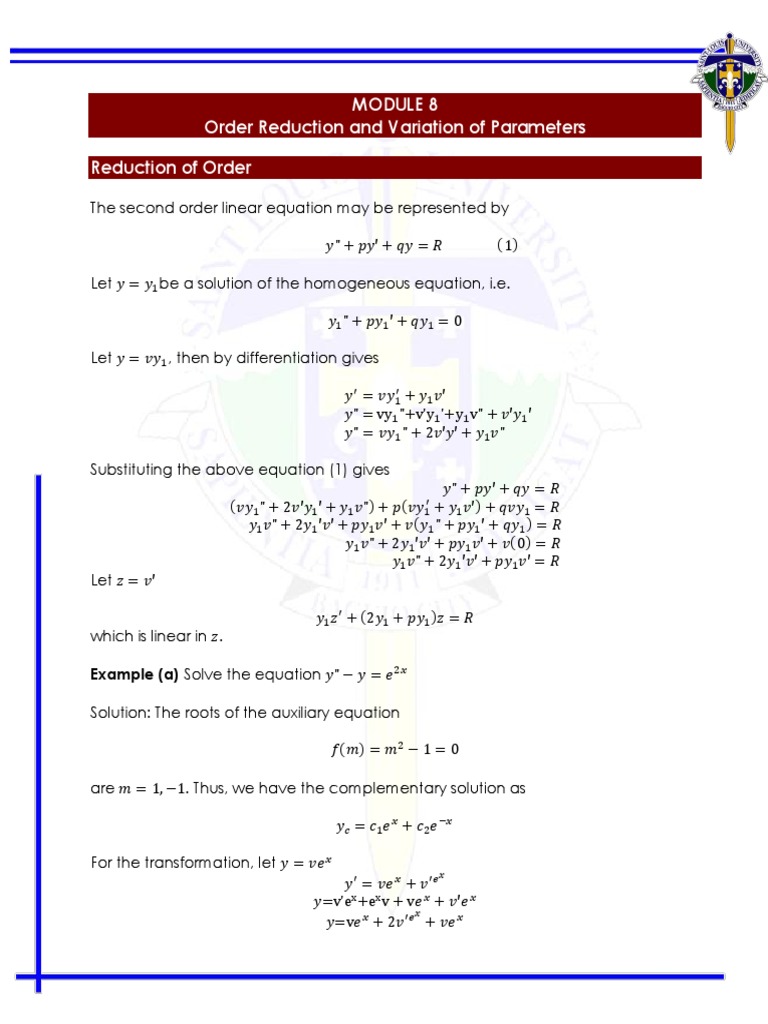 Order Reduction and Variation of Parameters Reduction of Order | PDF ...