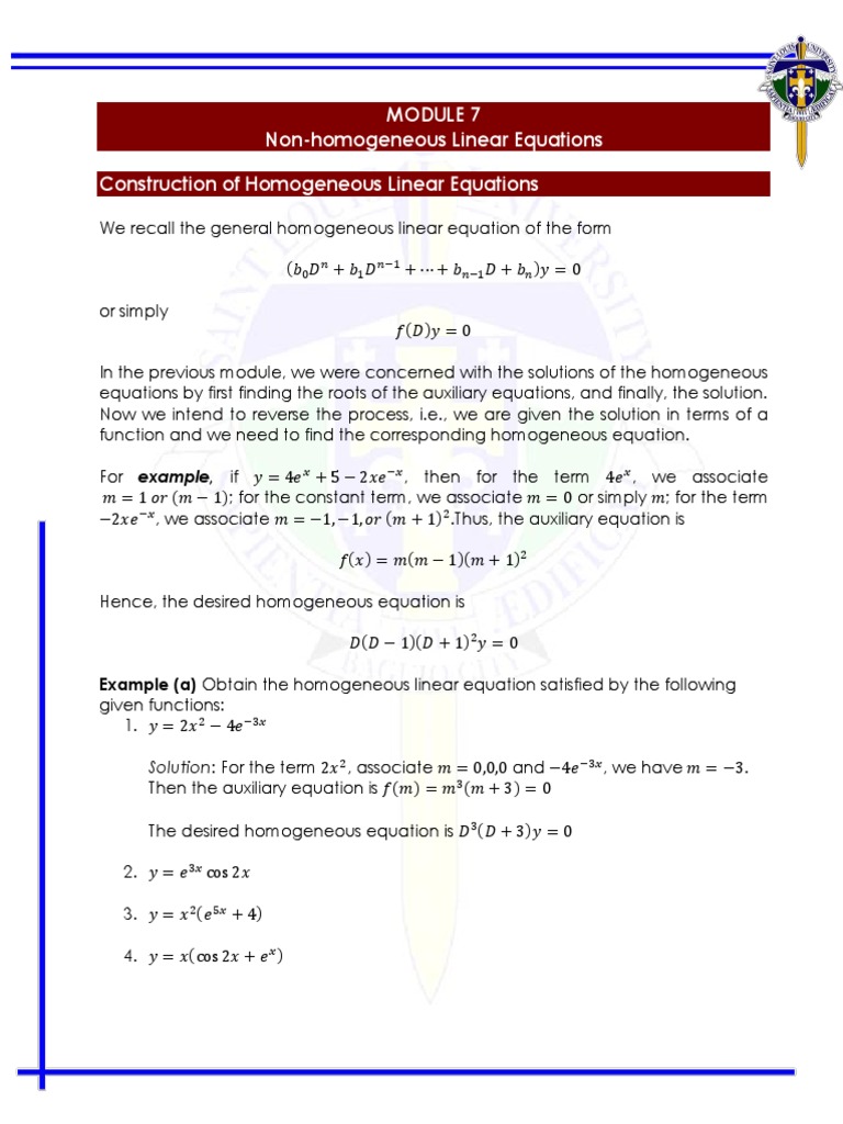 Non-Homogeneous Linear Equations Construction of Homogeneous Linear ...