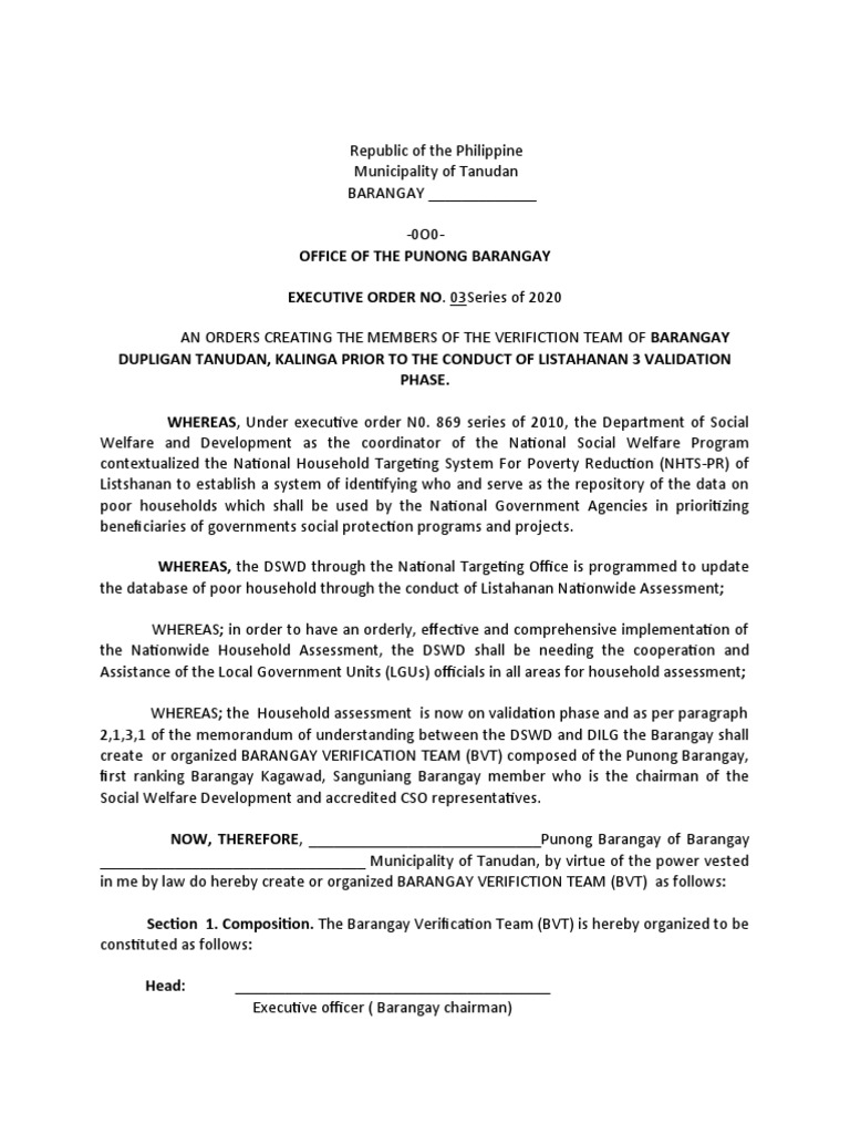 Barangay Verification Team Creation Order | PDF | Policy | Government