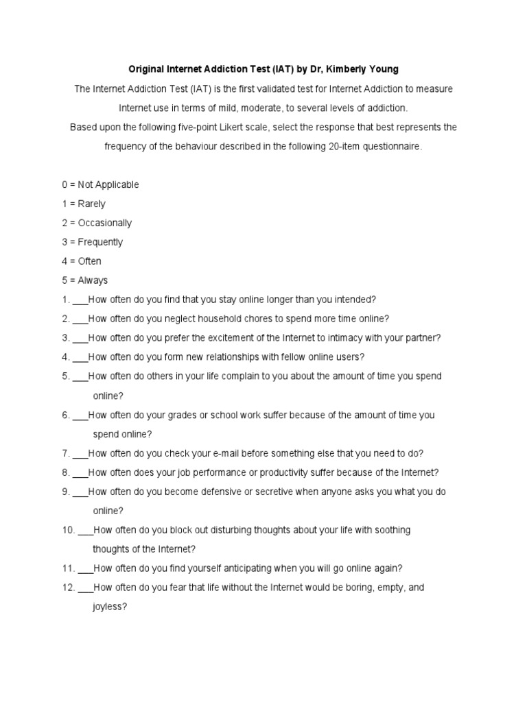 Original Internet Addiction Test (IAT) by DR, Kimberly Young | PDF ...