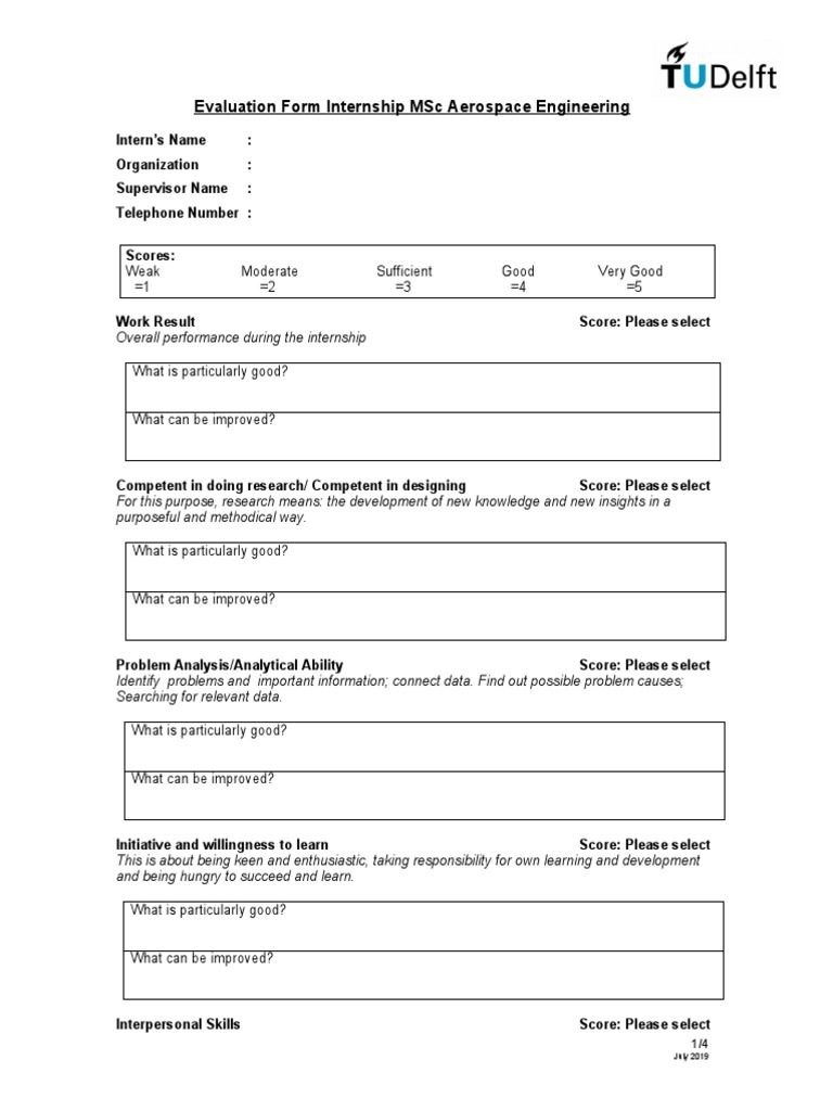 Evaluation Form Internship MSC Aerospace Engineering TU Delft | Download Free PDF | Evaluation ...