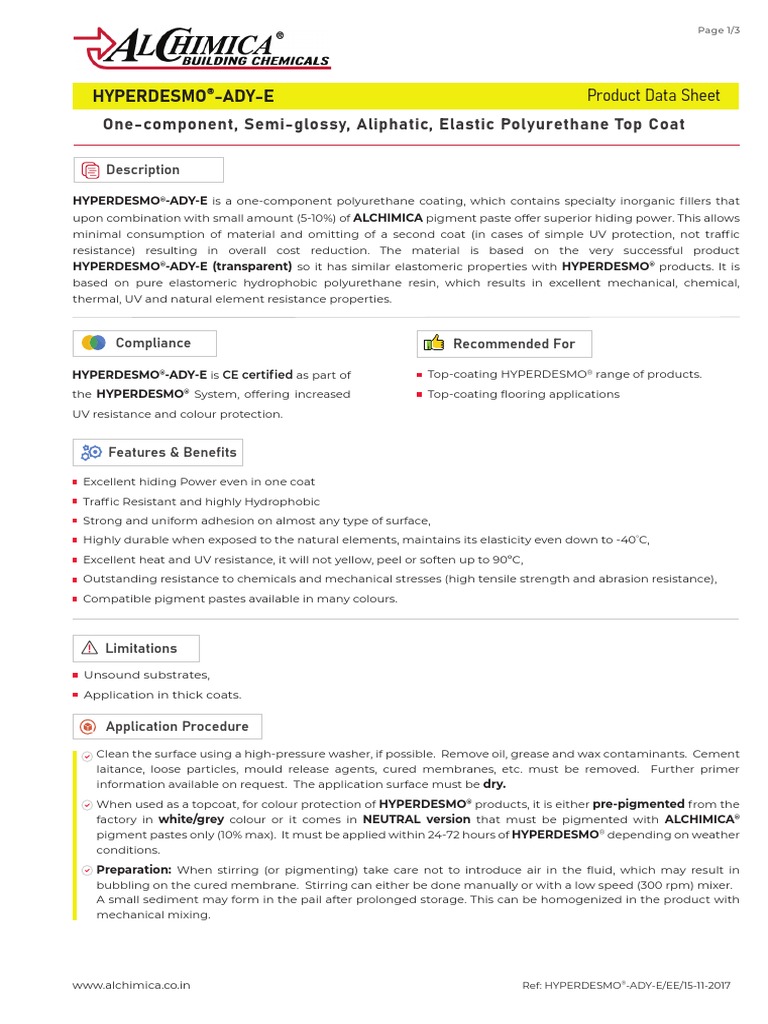 Hyperdesmo - ADY-E: One-Component, Semi-Glossy, Aliphatic, Elastic Polyurethane Top Coat | PDF ...