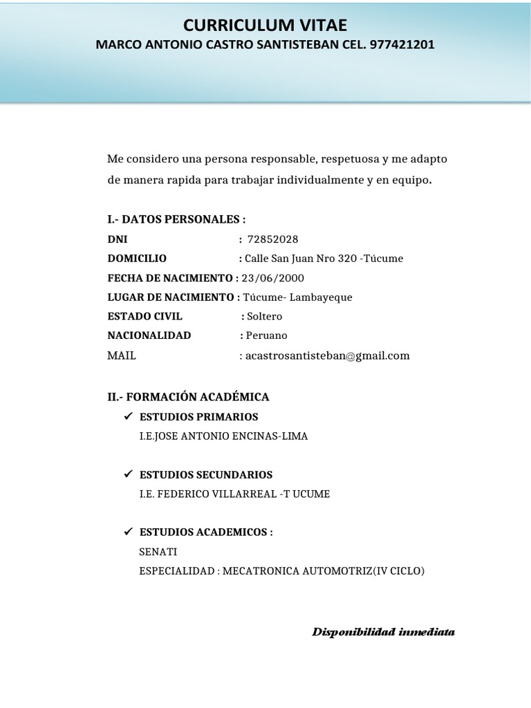 Curriculum Vitae: Marco Antonio Castro Santisteban Cel. 977421201 | PDF