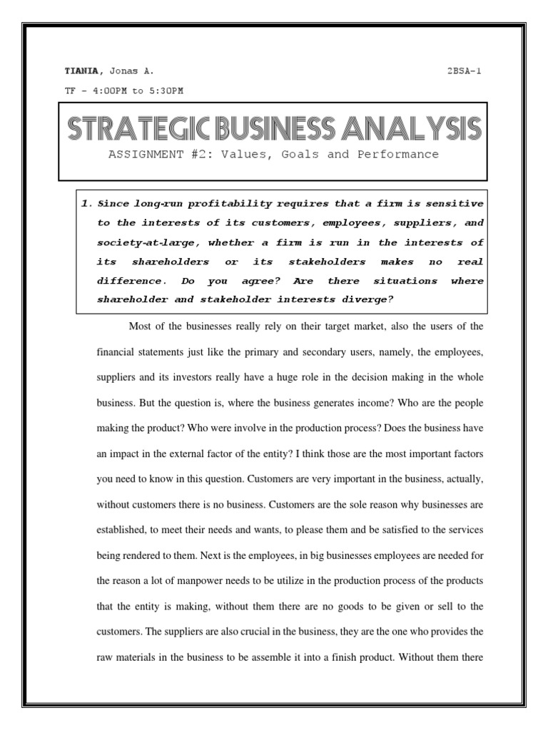 Strategic Business Analysis: ASSIGNMENT #2: Values, Goals and ...