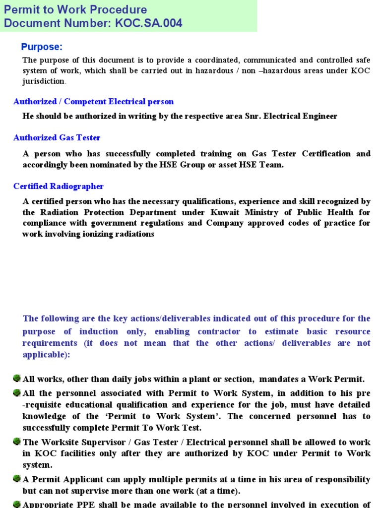 Key Requirements of KOC's Permit to Work Procedure for Contractors ...