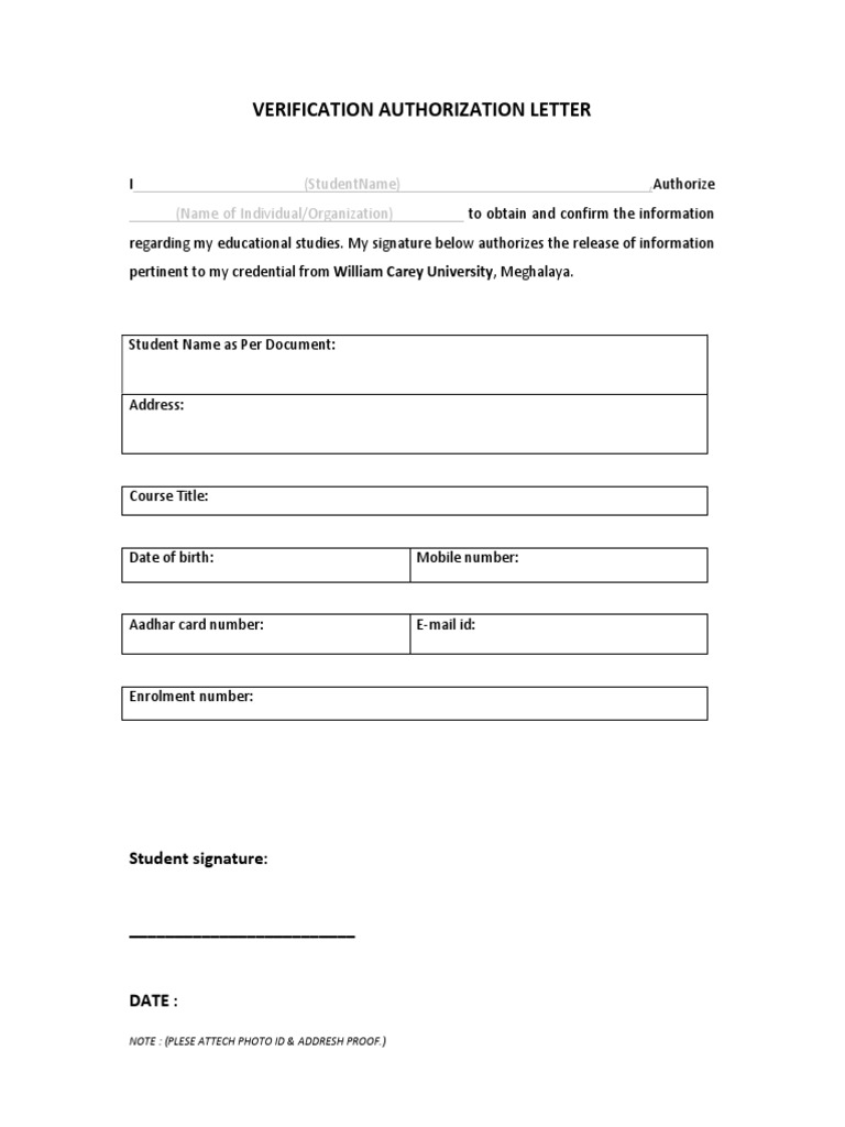Verification of Educational Credentials: Authorization for William Carey University, Meghalaya ...