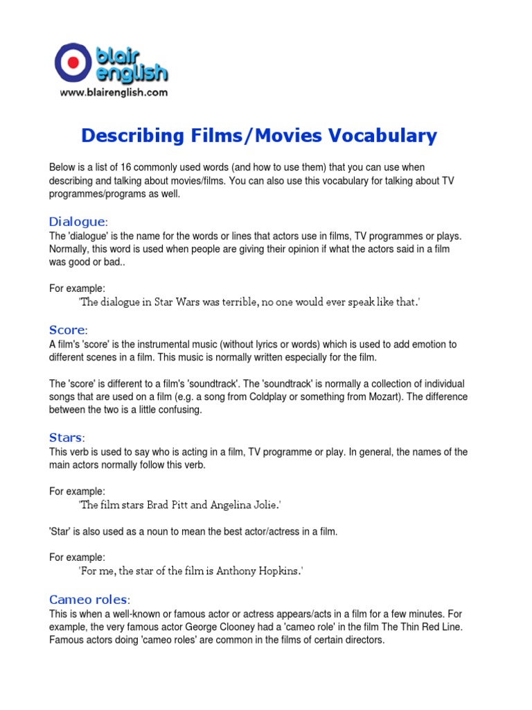 Describing Movies Vocab List | PDF | Verb | Languages