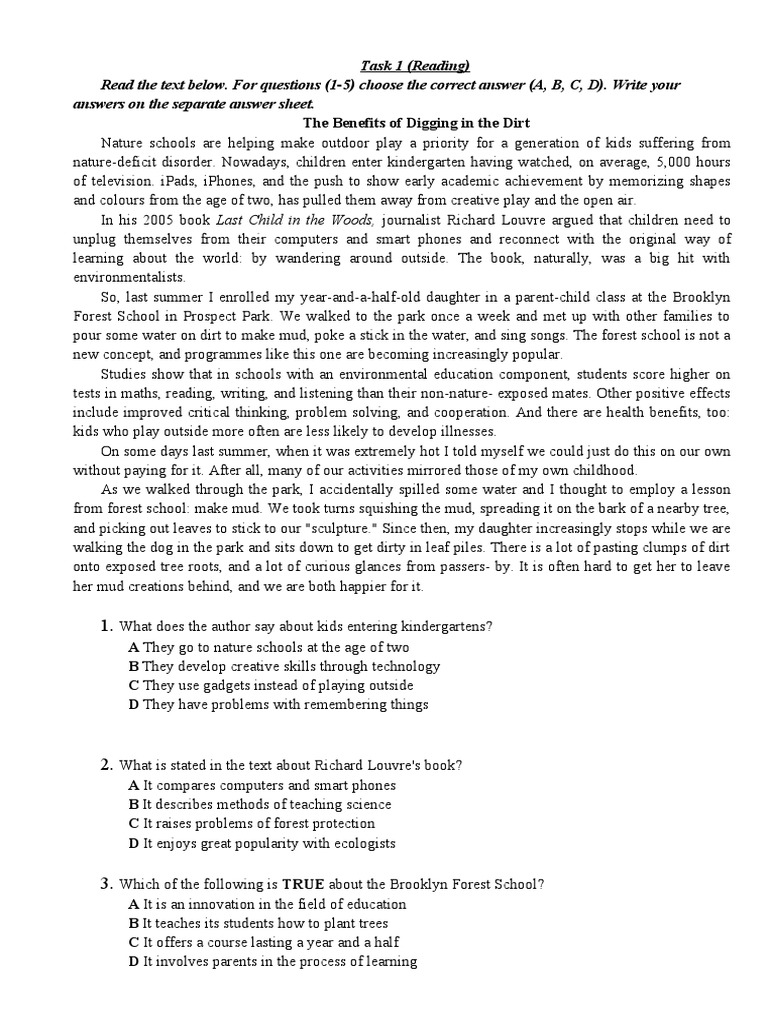 Task 1 (Reading) Read The Text Below. For Questions (1-5) Choose The ...