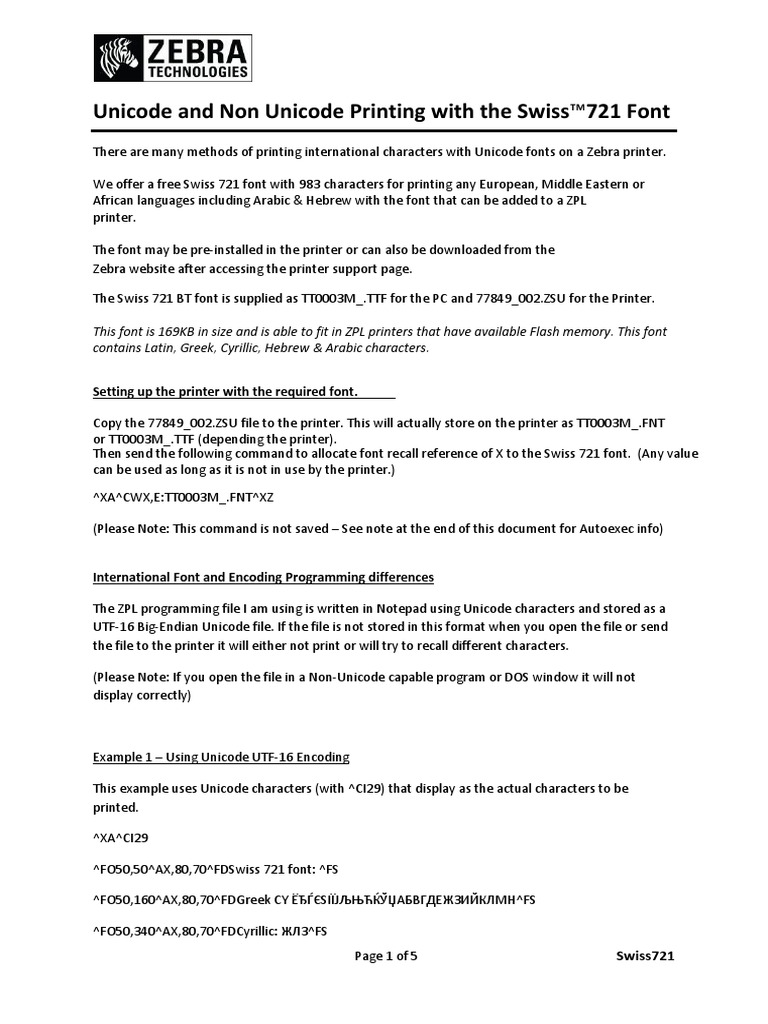 Unicode and Non Unicode Printing With The Swiss™721 Font | PDF ...