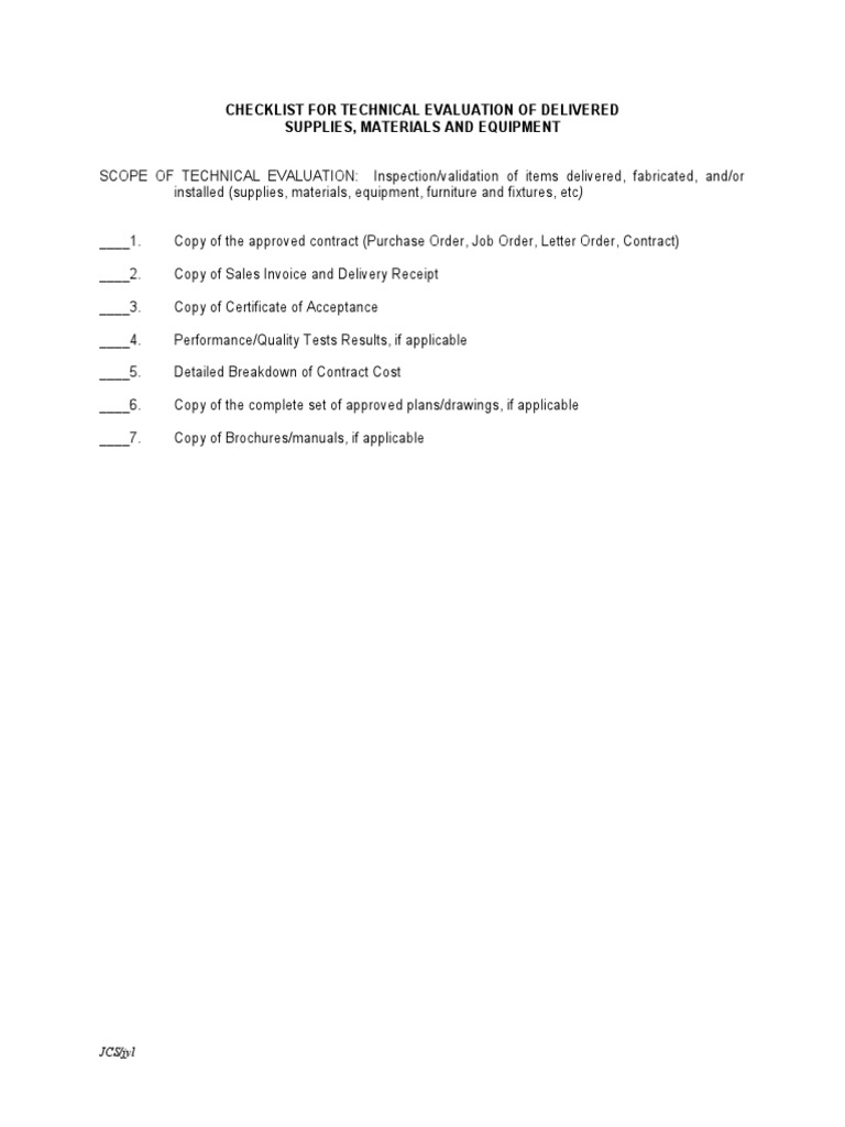 Checklist For Technical Evaluation of Delivered Supplies Materials and ...