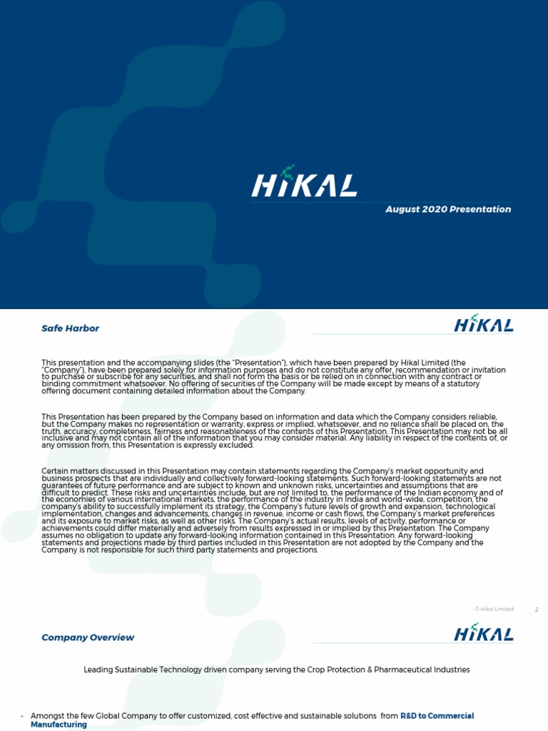 Hikal Investor Presentation August 2020 | PDF | Fine Chemical | Novartis