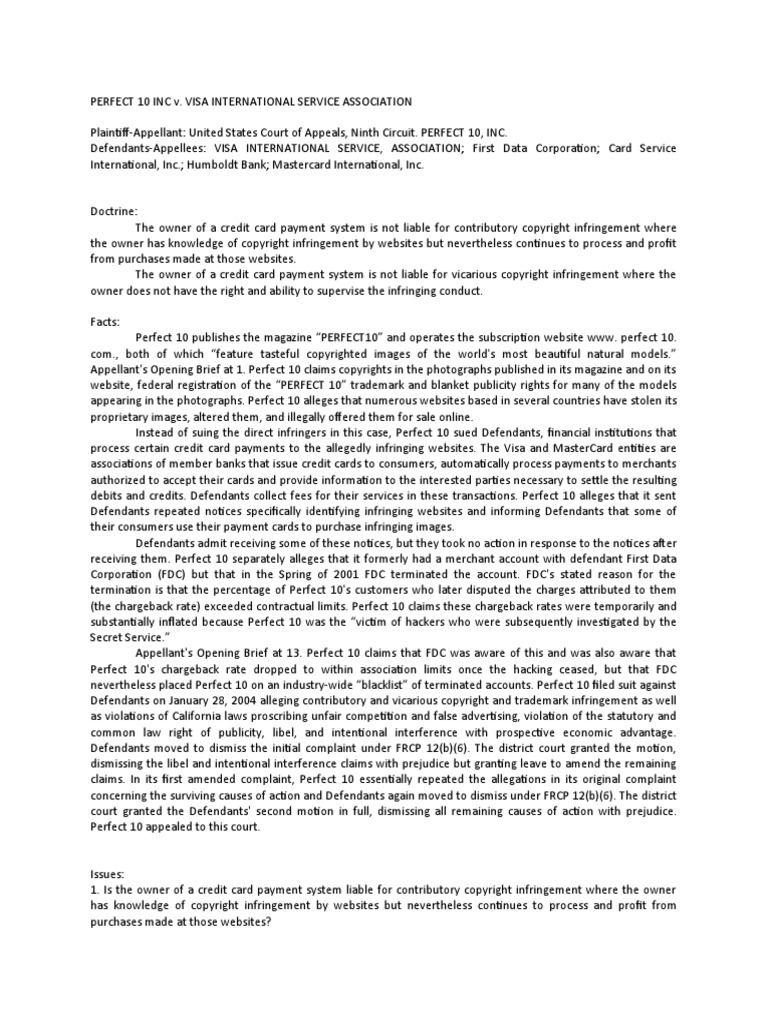 Perfect 10 v. Visa | PDF | Intellectual Property Law | Business Law