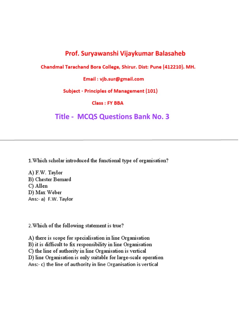 MCQS Question Bank No. 3 For FY BBA Subject - Principles of Management ...
