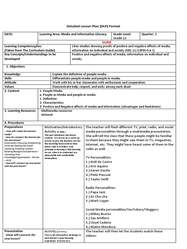 Grade 12 Media Literacy Lesson Plan | PDF | Social Media | Popular ...