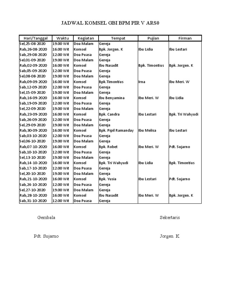 Jadwal Komsel GBI BPM Pir V | PDF | Cooking, Food & Wine