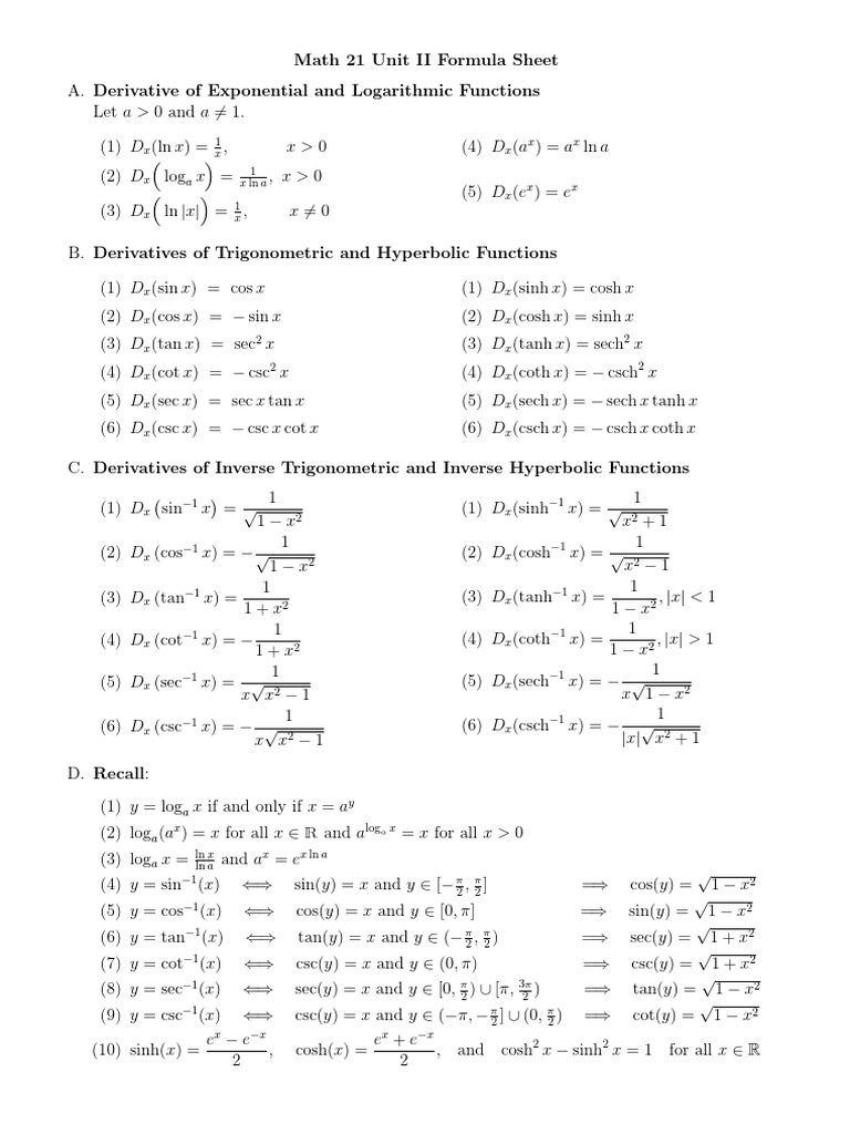 Calculus Formula Sheet II | Download Free PDF | Sine | Calculus