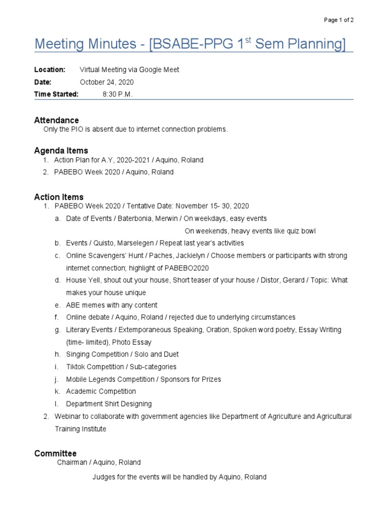 Meeting Minutes - (BSABE-PPG 1 Sem Planning) : Attendance | PDF