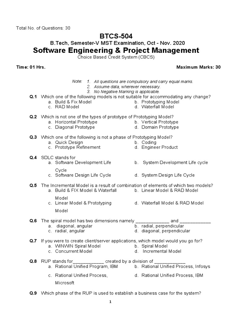 Question Paper BTCS-504 SEPM | PDF | Use Case | Information Technology Management