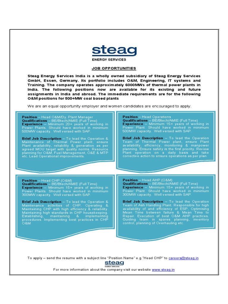 STEAG India Vacancies. Can Be Posted Anywhere in India-1 | PDF ...