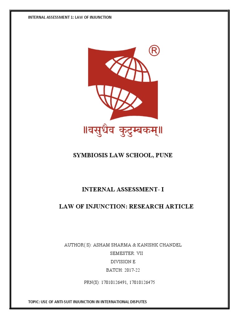 Symbiosis Law School, Pune: Internal Assessment 1: Law of Injunction | PDF | Discovery (Law ...
