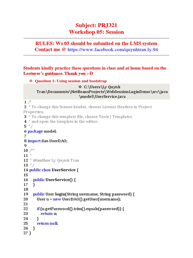 Workshop05 PRJ321 Tran PDF | PDF | User (Computing) | Java (Programming Language)