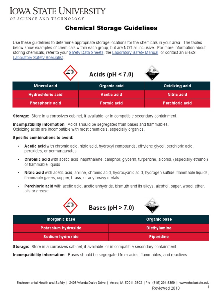 Chemical Storage Guidelines: Acids (PH 7.0) | PDF | Acid | Sodium