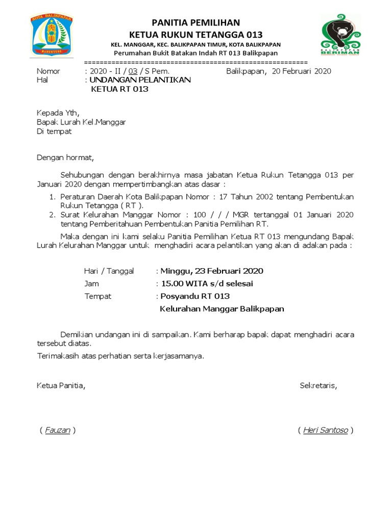 2020 Surat Undangan Pemilihan RT Rev. | PDF 2020 Surat Undangan Pemilihan RT Rev. | PDF