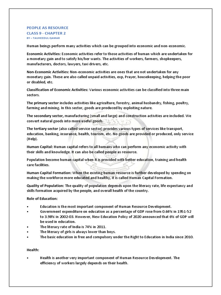 People AS Resource Class 9 - 2: BY - Tauheedul Qamar | PDF | Human ...