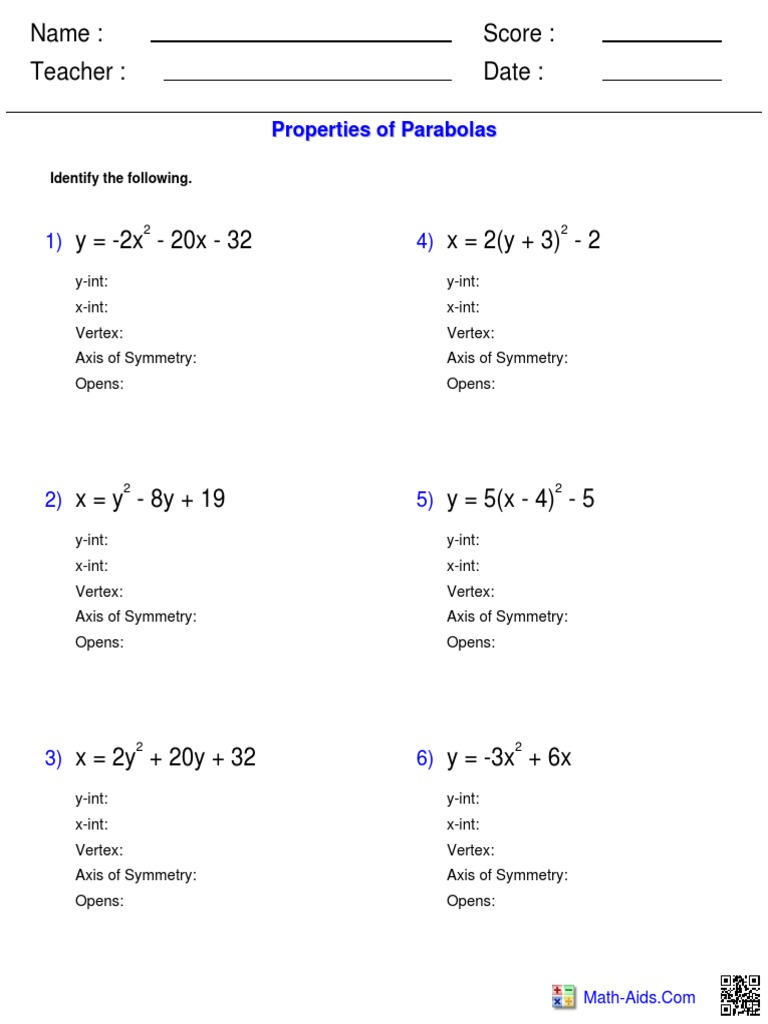 Name: Teacher: Date: Score:: Properties of Parabolas | PDF